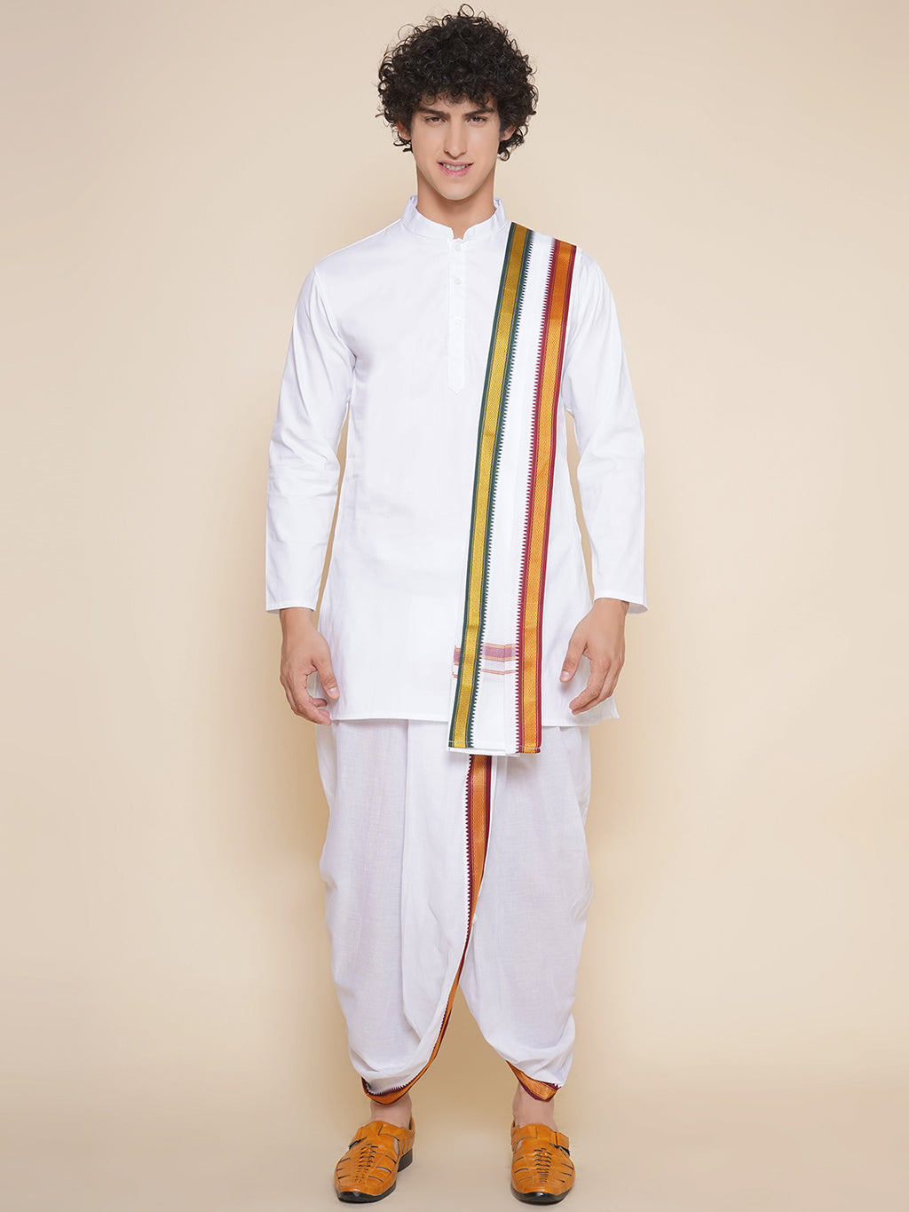 Men Cotton White Colour Kurta and Dhoti Pant with Angavastram Set ...