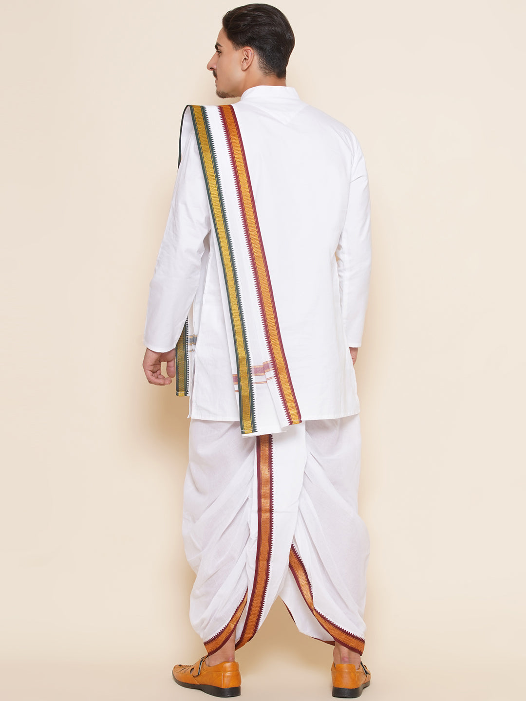 Men Cotton White Colour Kurta and Dhoti Pant with Angavastram Set ...