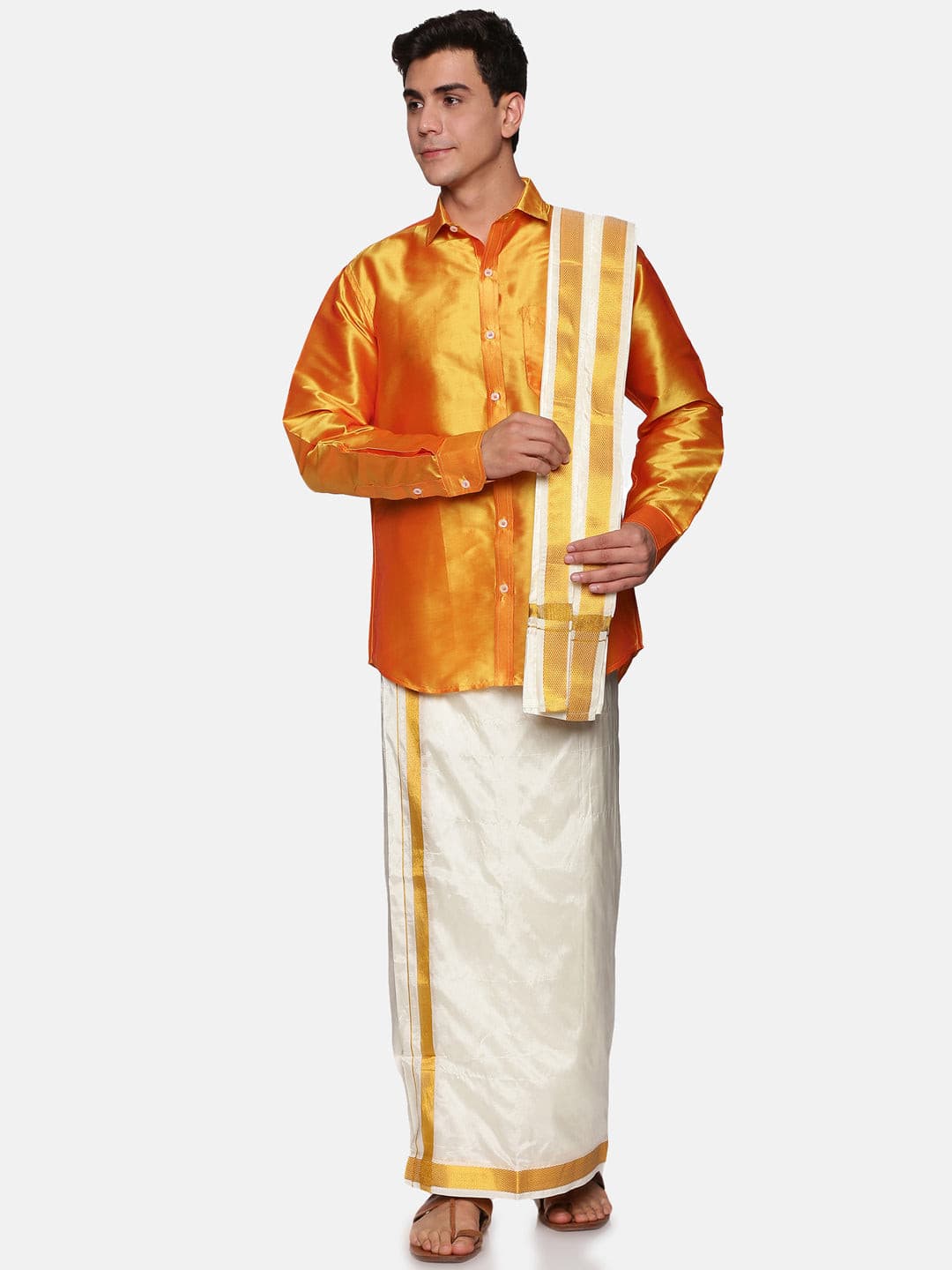 Men Solid Colour Full Sleeve Shirt Pocket Dhoti Angavastram Set ...