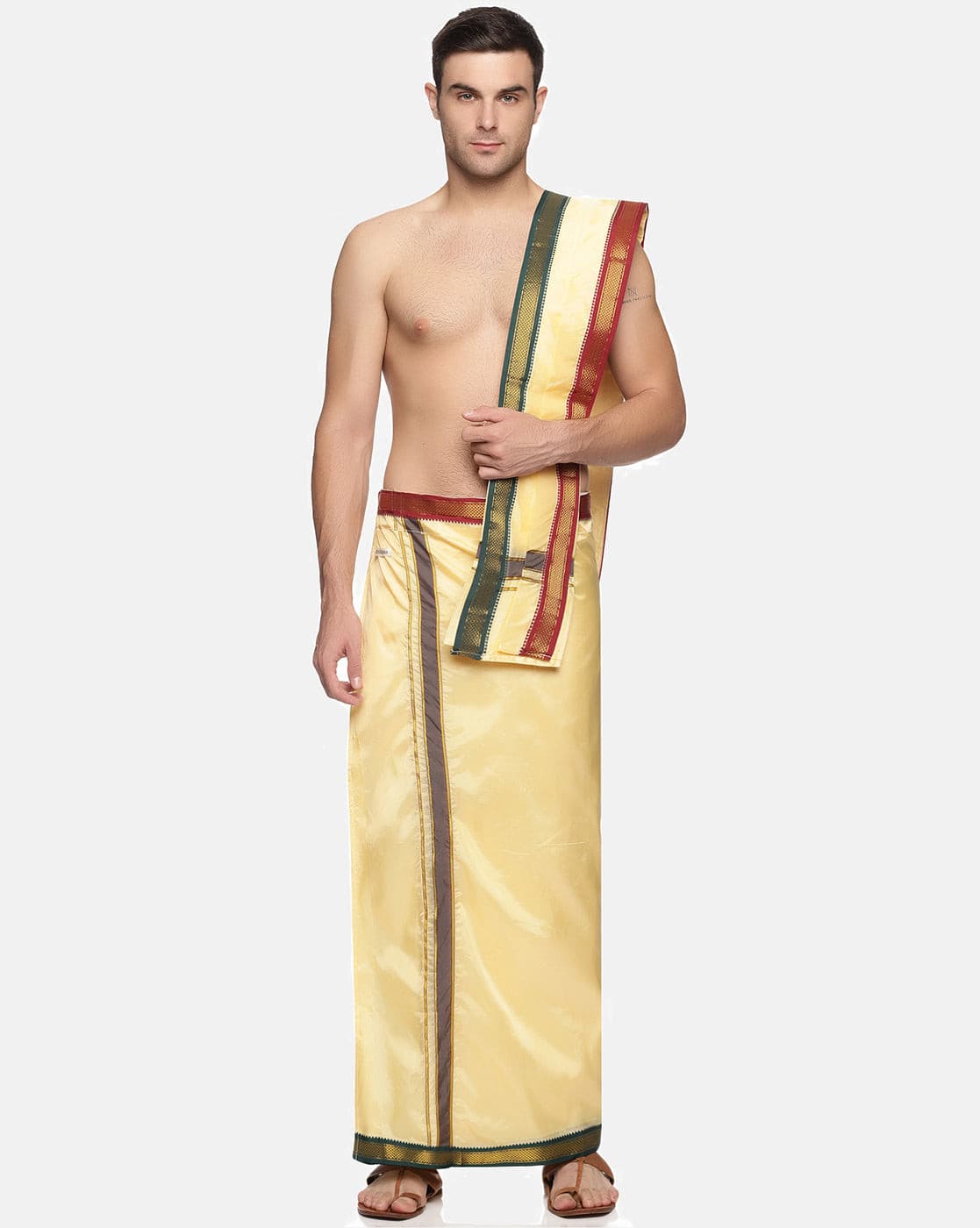 Men Sandal Colour Art Silk Dhoti Angavastram Combo Set – SETHUKRISHNA