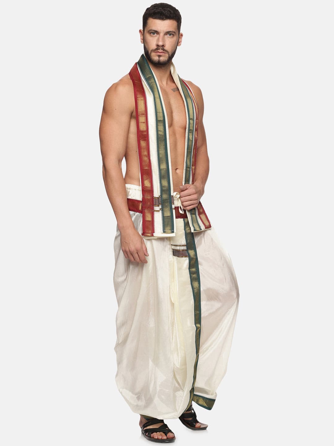 Men Cream Colour Art Silk Dhoti Angavastram Combo Set – SETHUKRISHNA