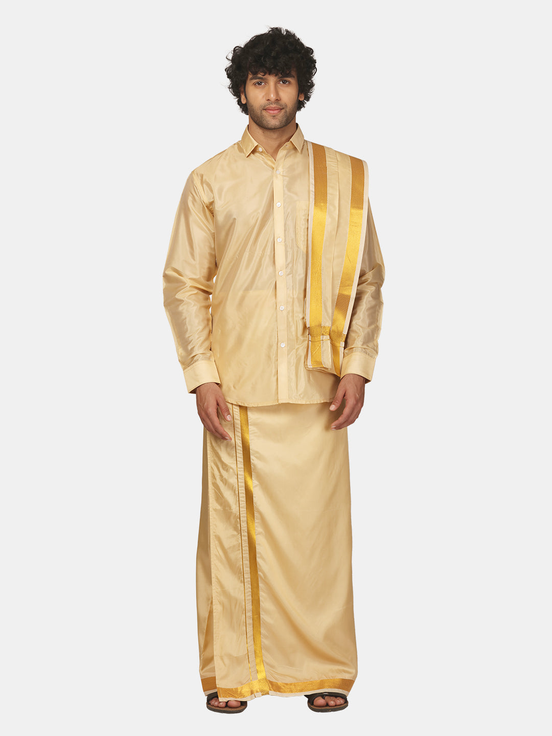Men Solid Colour Zari Border Pocket Dhoti and Angavastram Set ...